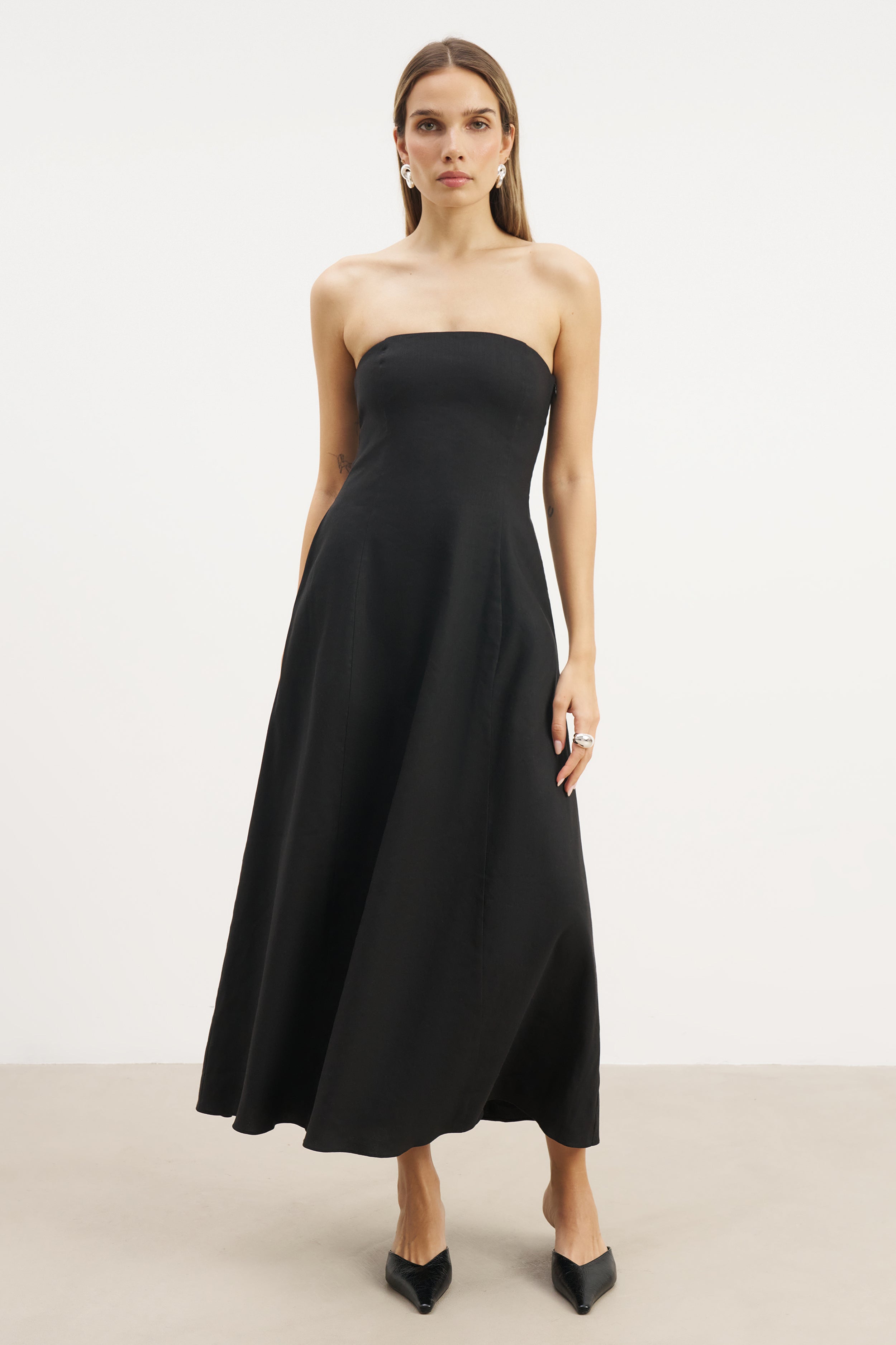 Strapless Linen A Line Maxi Dress - Black | BOA US