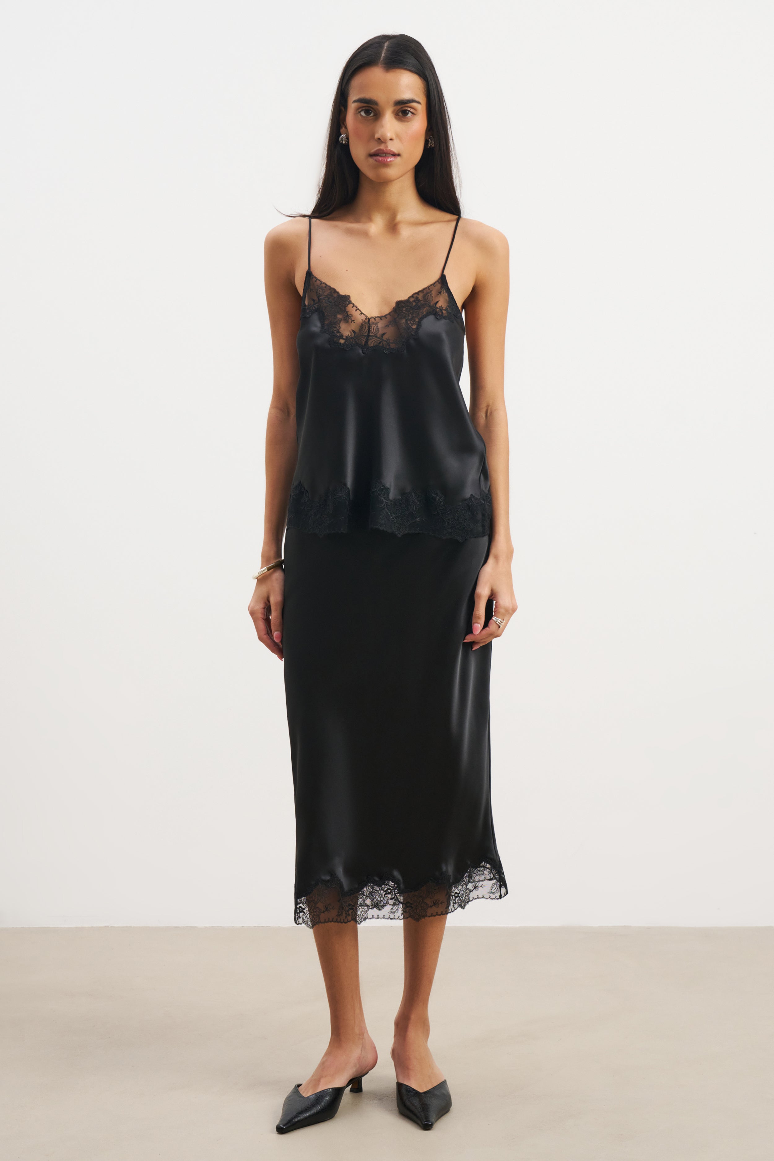 Satin Lace Detail Midi Skirt - Black | BOA US