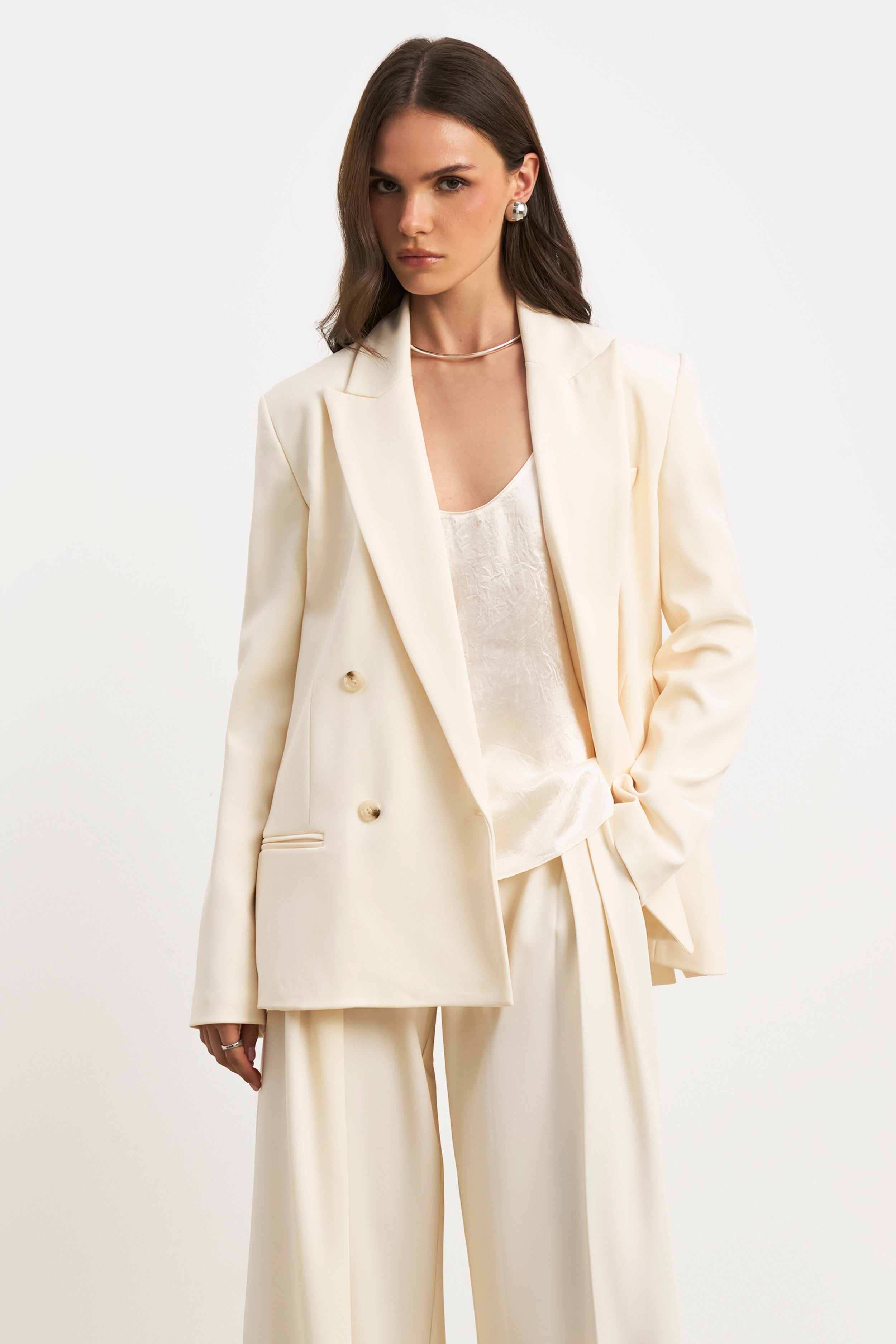 Dropped Waist Double Breasted Blazer - Cream | BOA US